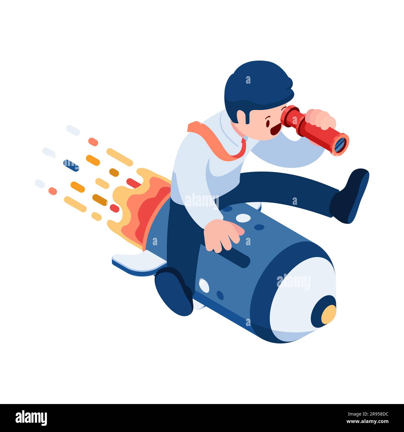 Flat 3d Isometric Businessman Looking Through Telescope on Rocket ... Flat 3d Isometric Businessman Looking Through Telescope on Rocket ...