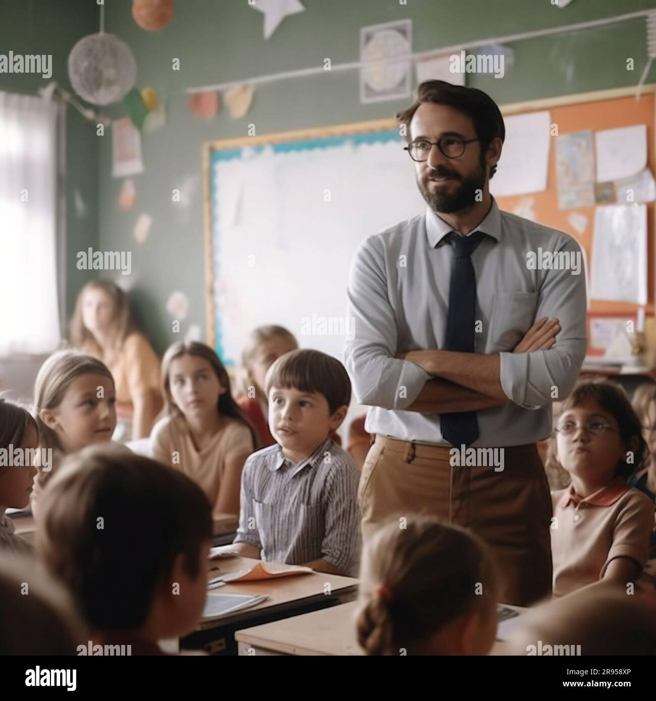 A teacher instructs a diverse group of students in a classroom Stock ...