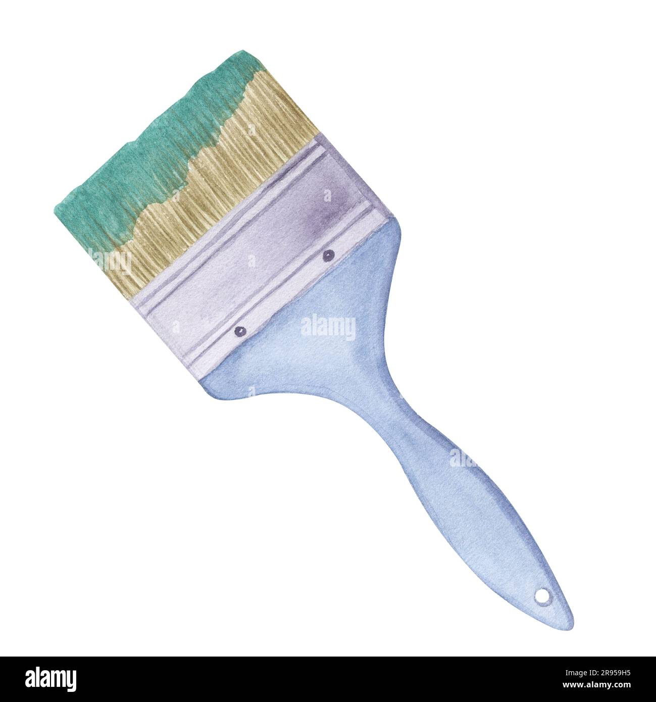 Brush, blue handle, green paint, repair tool. Repainting walls. Hand ...