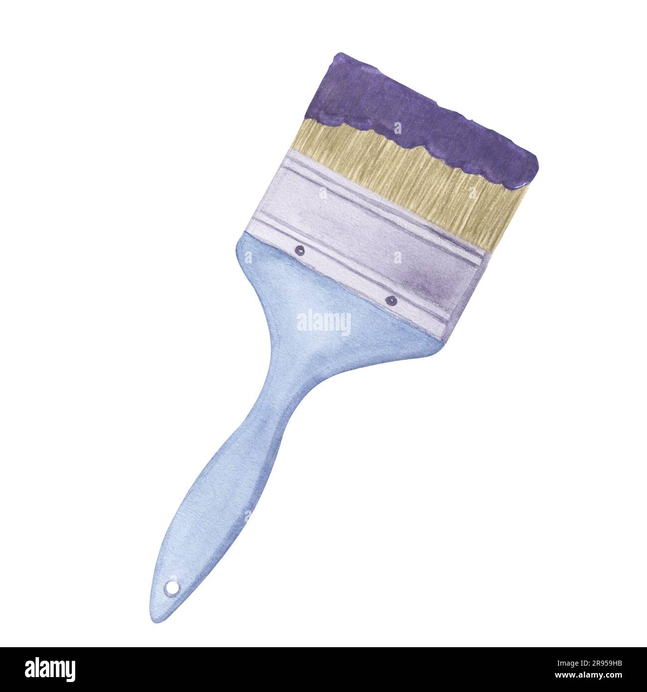Brush, blue handle, violet paint, repair tool. Repainting walls. Hand ...