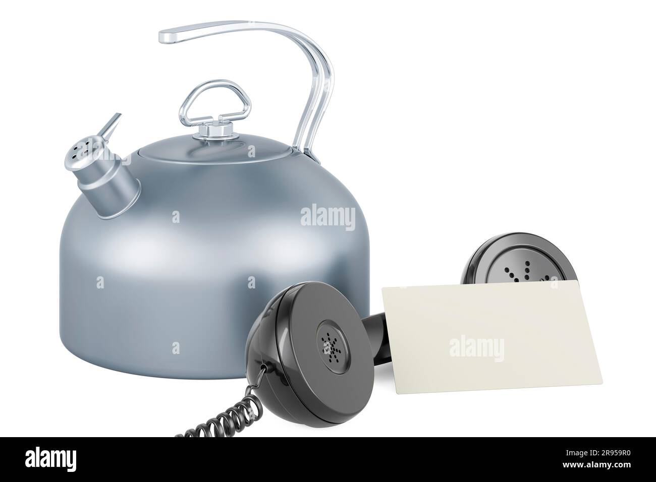Kettle with blank business card and retro phone receiver. 3D rendering ...