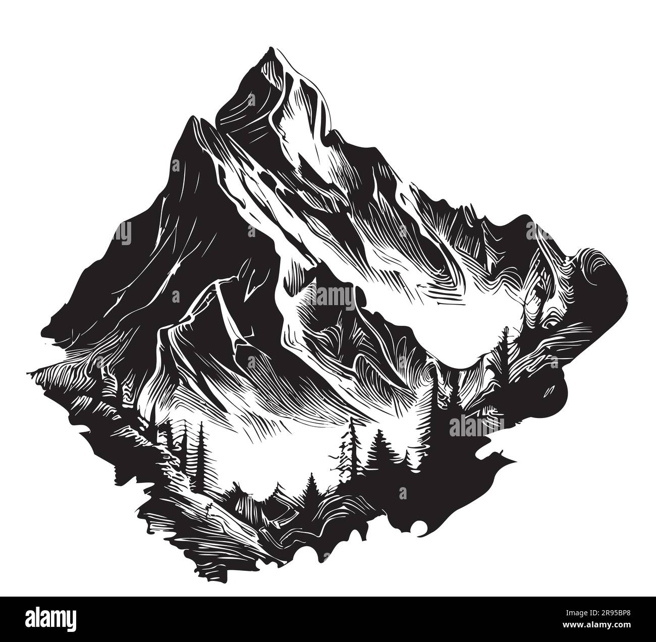 Mountains nature hand drawn sketch in doodle style illustration Stock ...