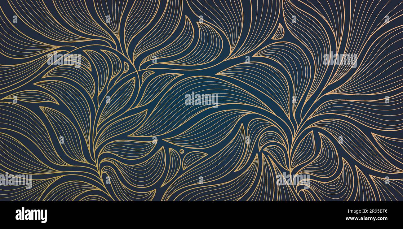 Vector golden leaves art deco wallpaper background, hand drawn pattern ...