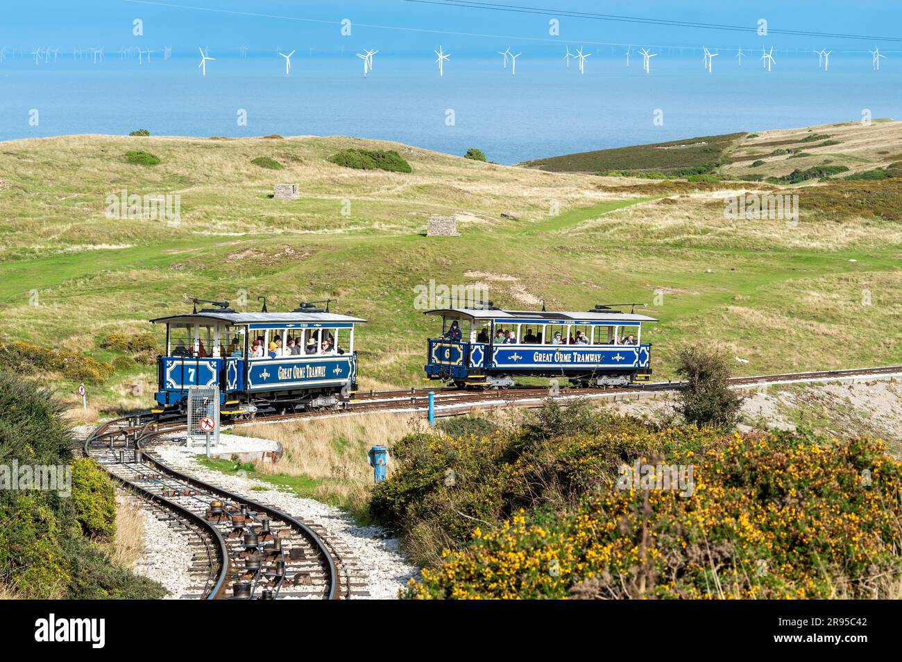 Trams on the Great Orme Tramway, with a wind farm in the background, Llandudno, North Wales, UK ...