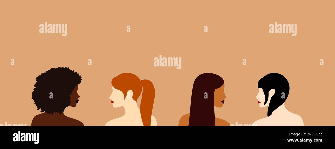 Side view of four beautiful women of different skin, hair and ethnicity ...