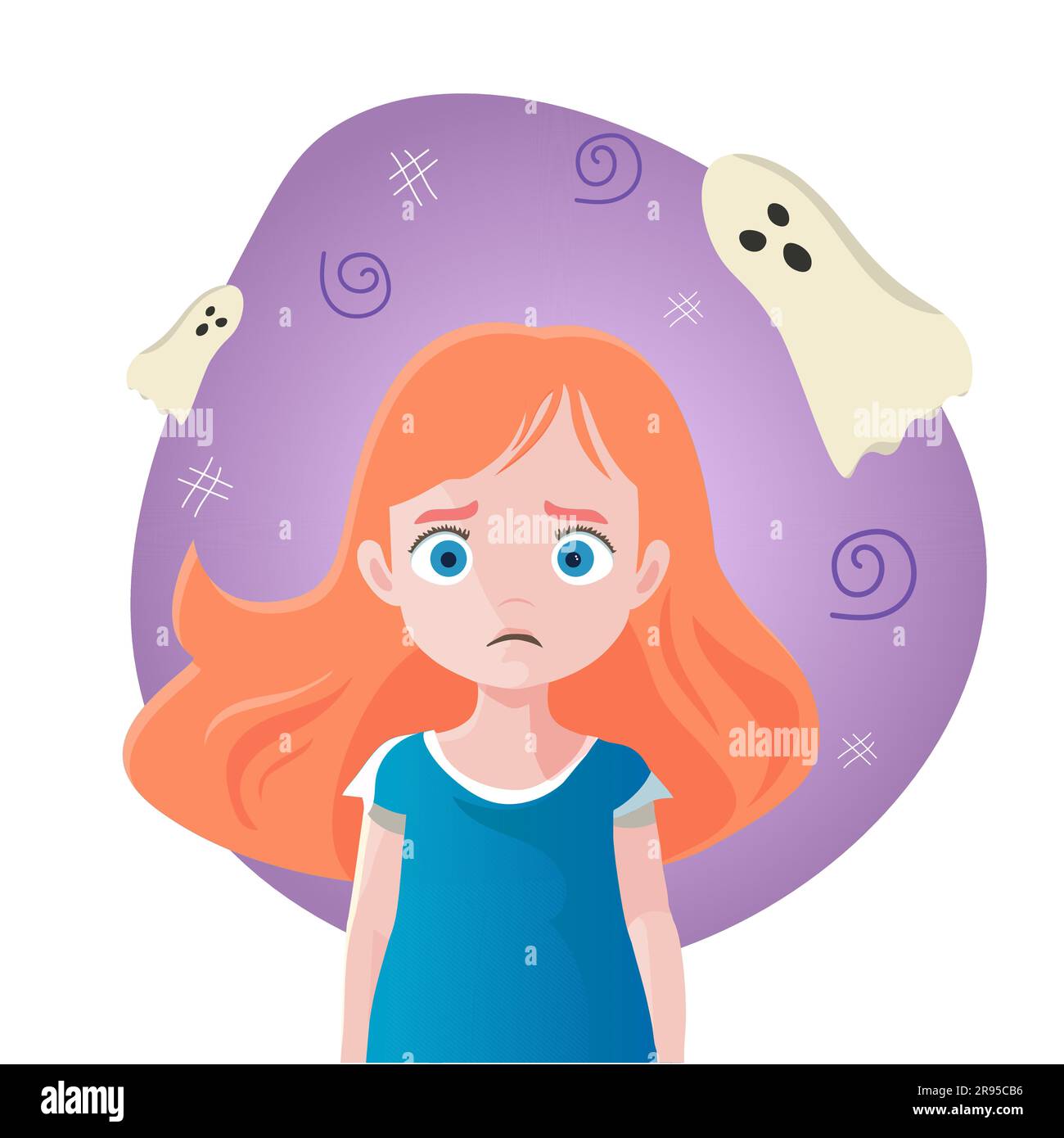 frightened girl afraid of ghosts and confusion. on white isolated ...