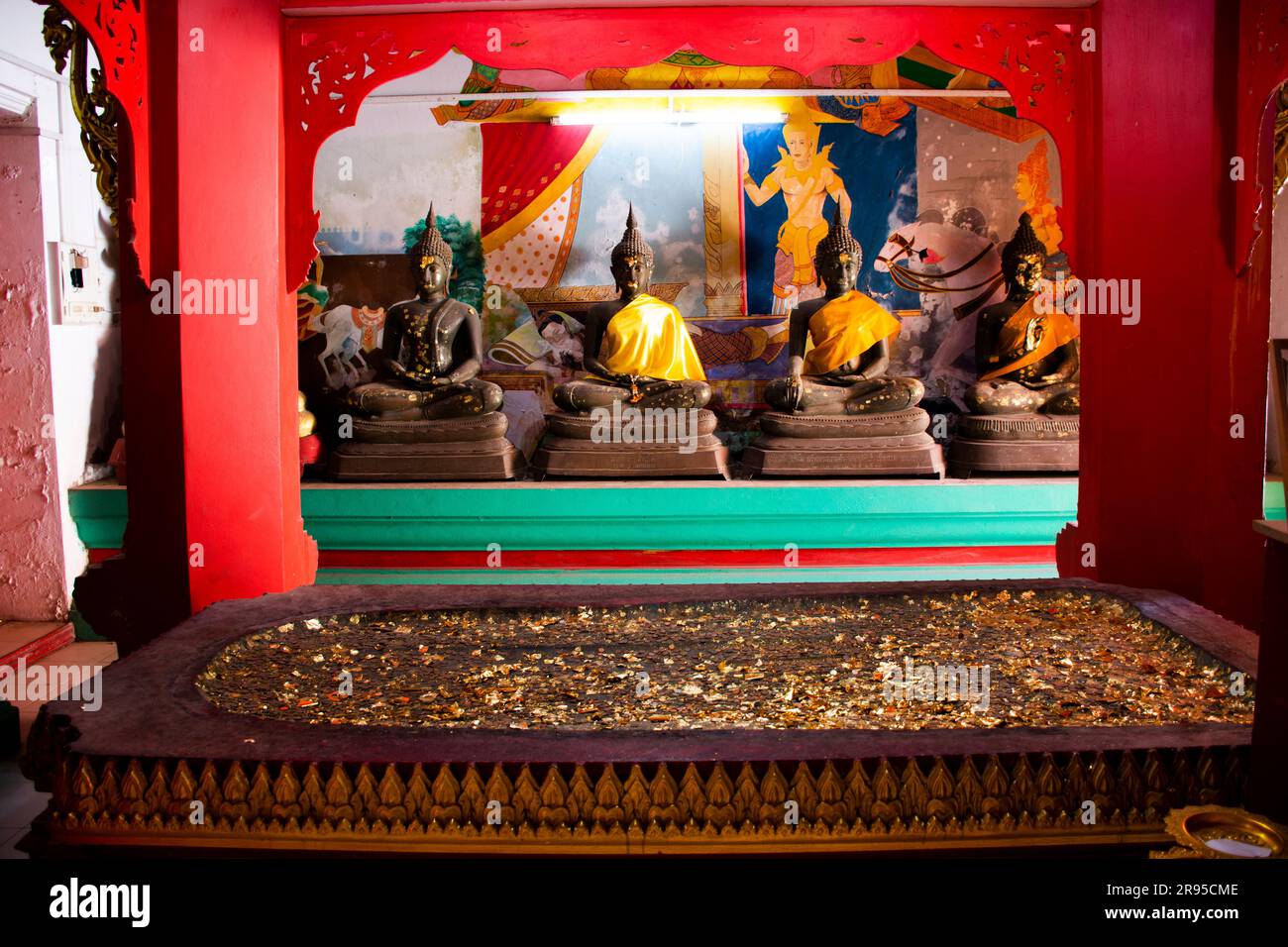 Ancient old buddha statue and antique paint mural and buddha footprint ...