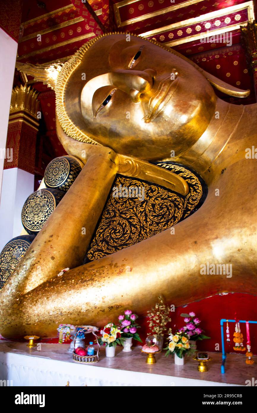 Ancient antique buddha reclining attitude statues of Wat Pa Mok ...