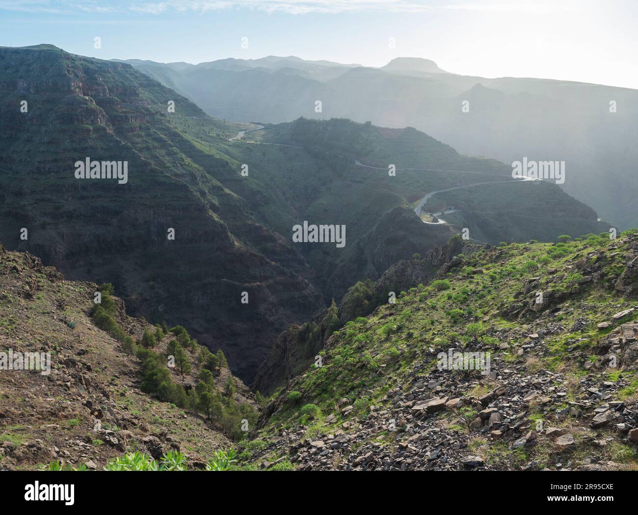 View from green plateau on top of La Merica mountain on valley with ...
