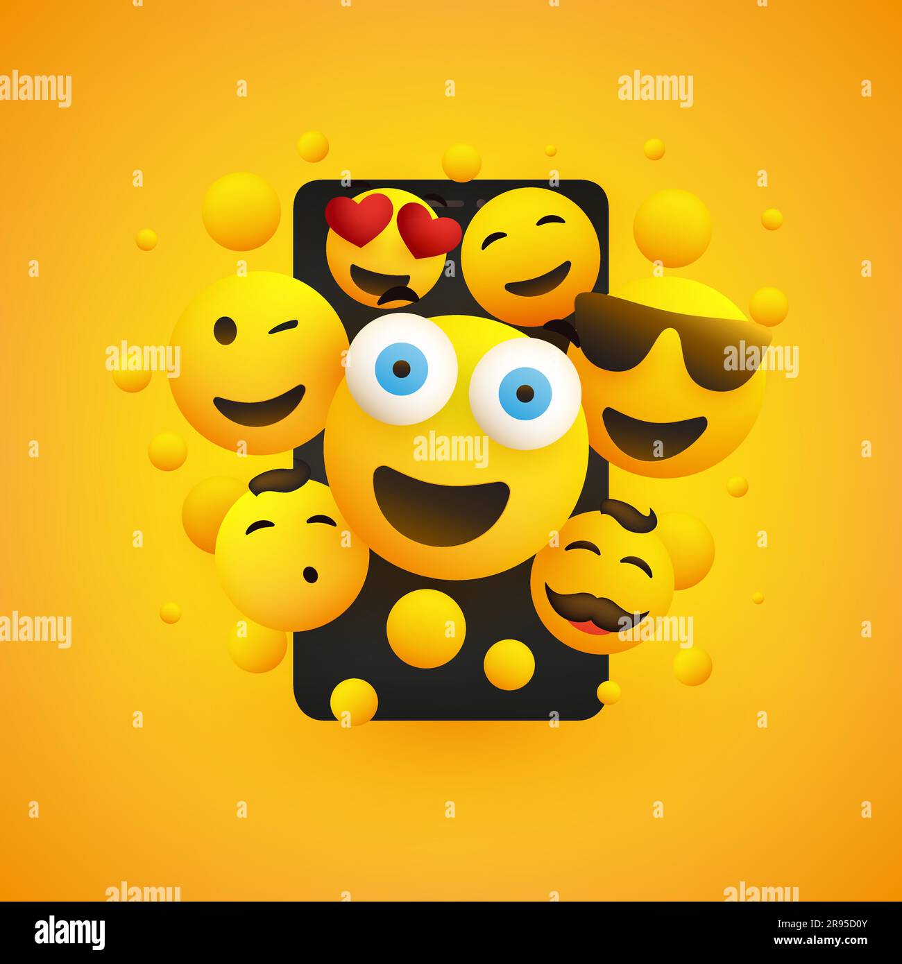 Various Smiling Happy Yellow Emoticons in Front of a Smartphone Screen ...