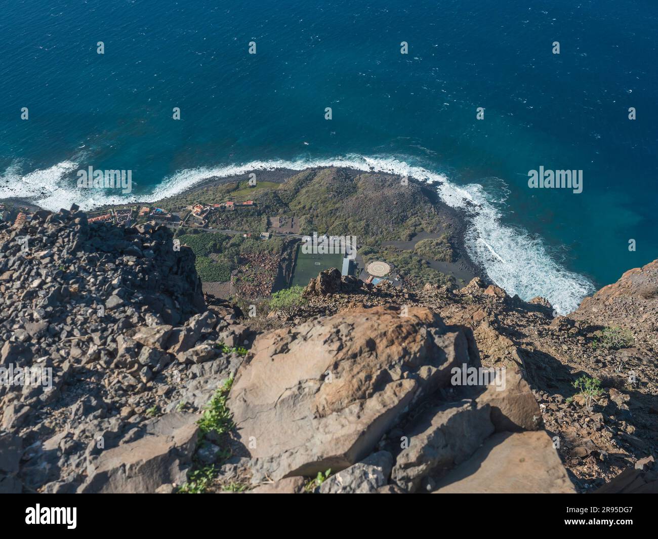 Aerial view of village resort Vueltas with port, Seen from top of La ...