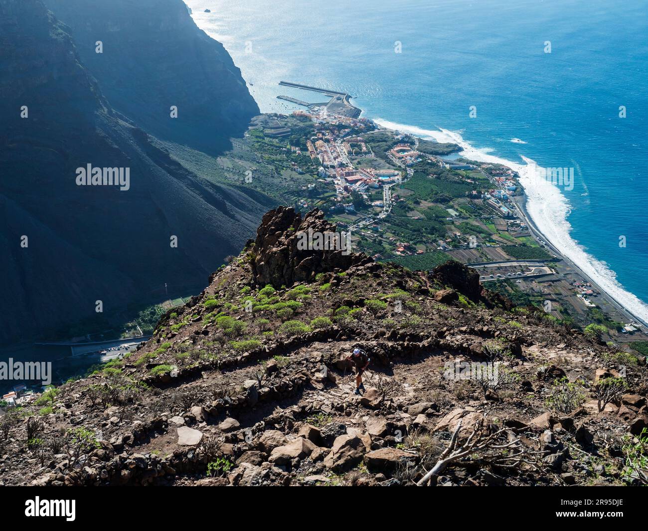 Aerial view of village resort Vueltas with port, Seen from top of La ...