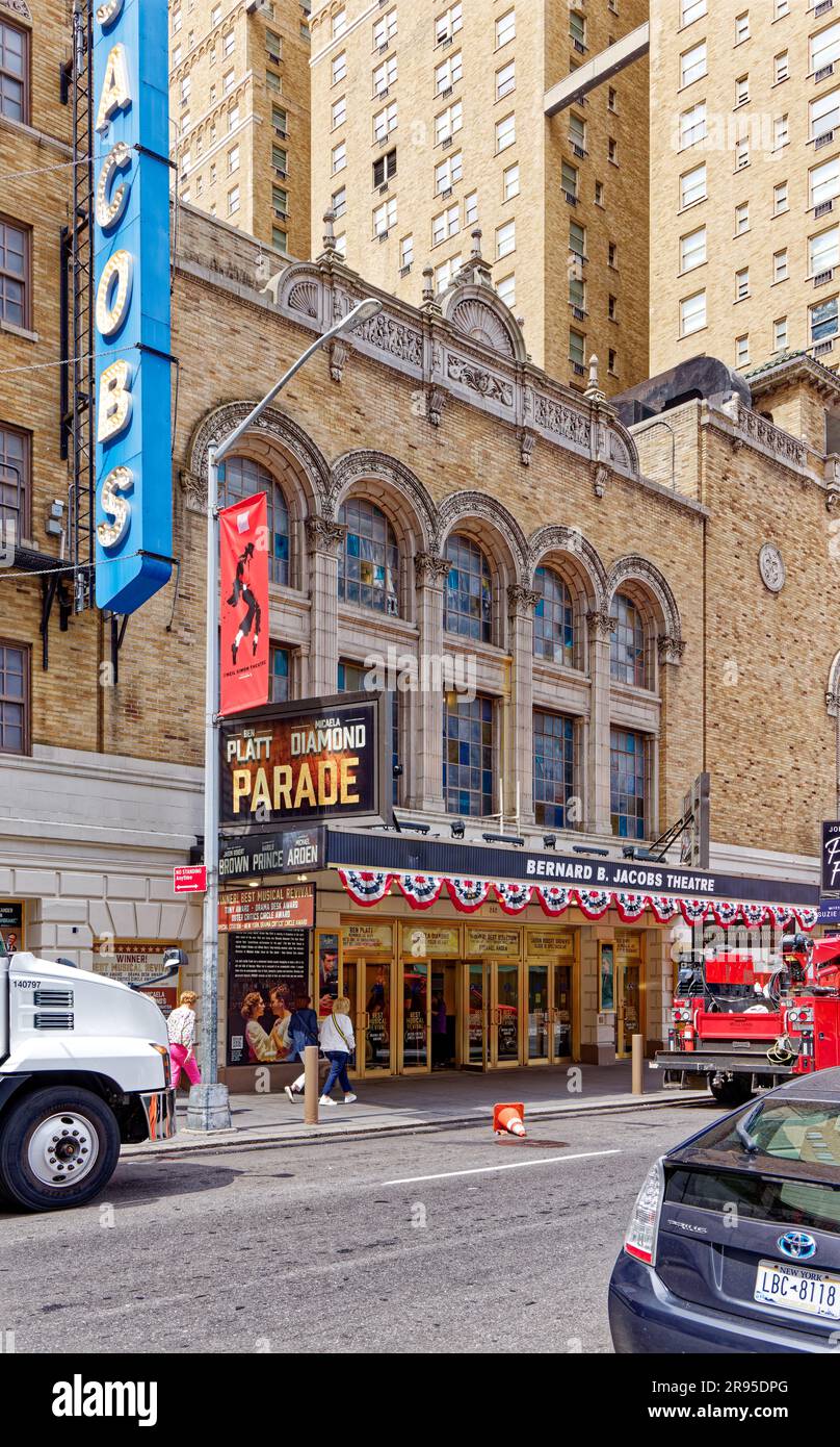 NYC landmark Bernard B. Jacobs Theatre, built in Spanish style, has a ...