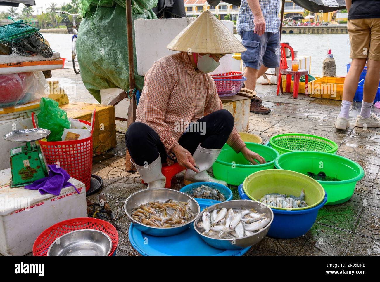 A female vendor tends to her makeshift seafood stall at Hoi An Market ...
