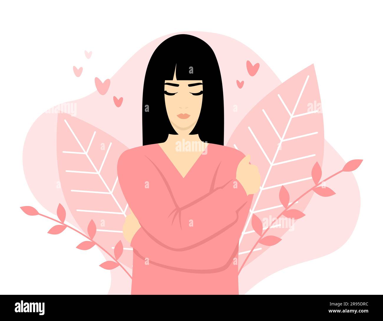 Pretty asian woman with black hair and closed eyes hugs herself. The concept of self-love. Flat ...