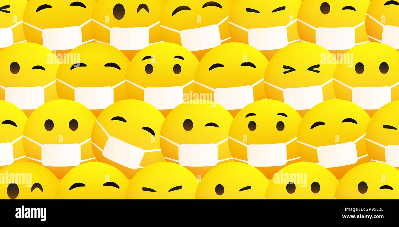 Pattern Background with Various Yellow Emoticons Wearing Medical Mask ...