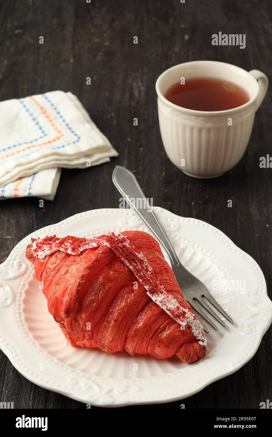 Red Velvet Croissant with Cream Cheese Topping, Bakery COncept on Dark ...