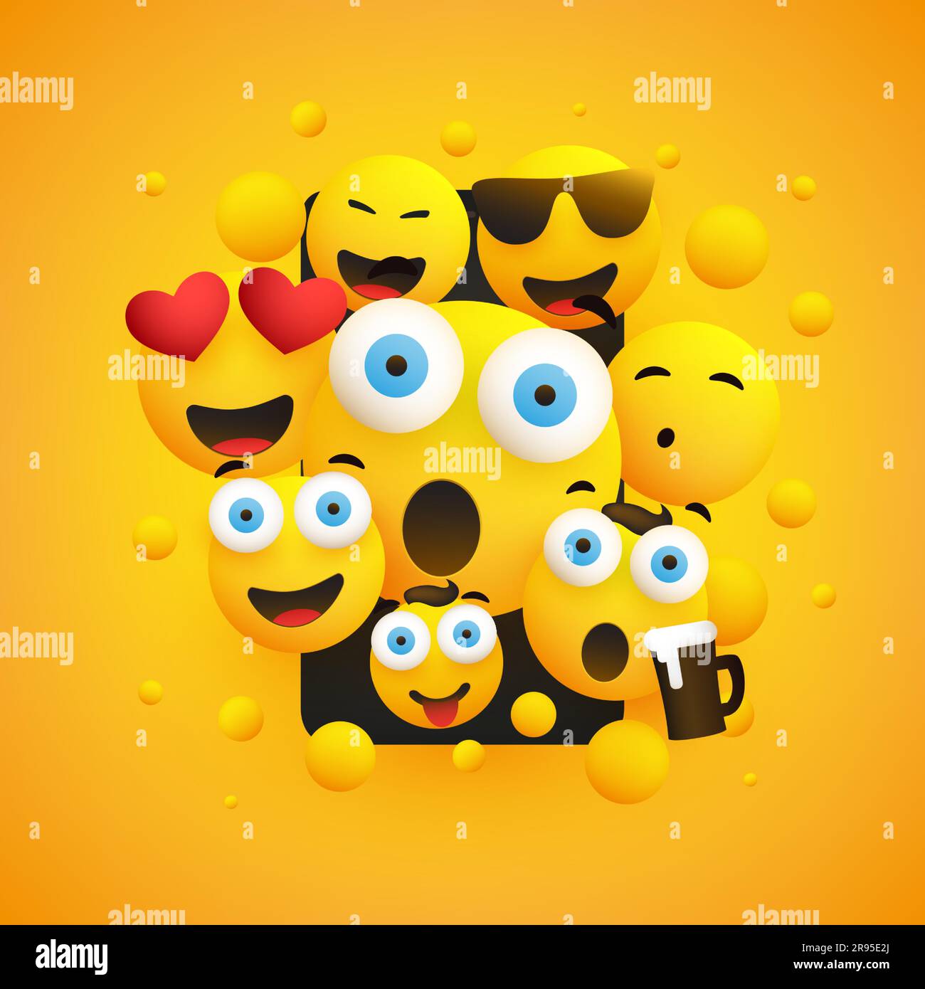 Various Smiling Happy Yellow Emoticons in Front of a Smartphone Screen ...