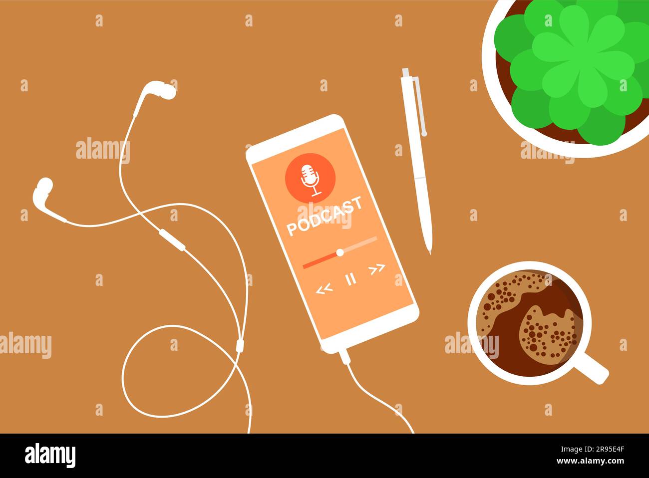 White smartphone with podcast app on screen, earphones, coffe cup ...