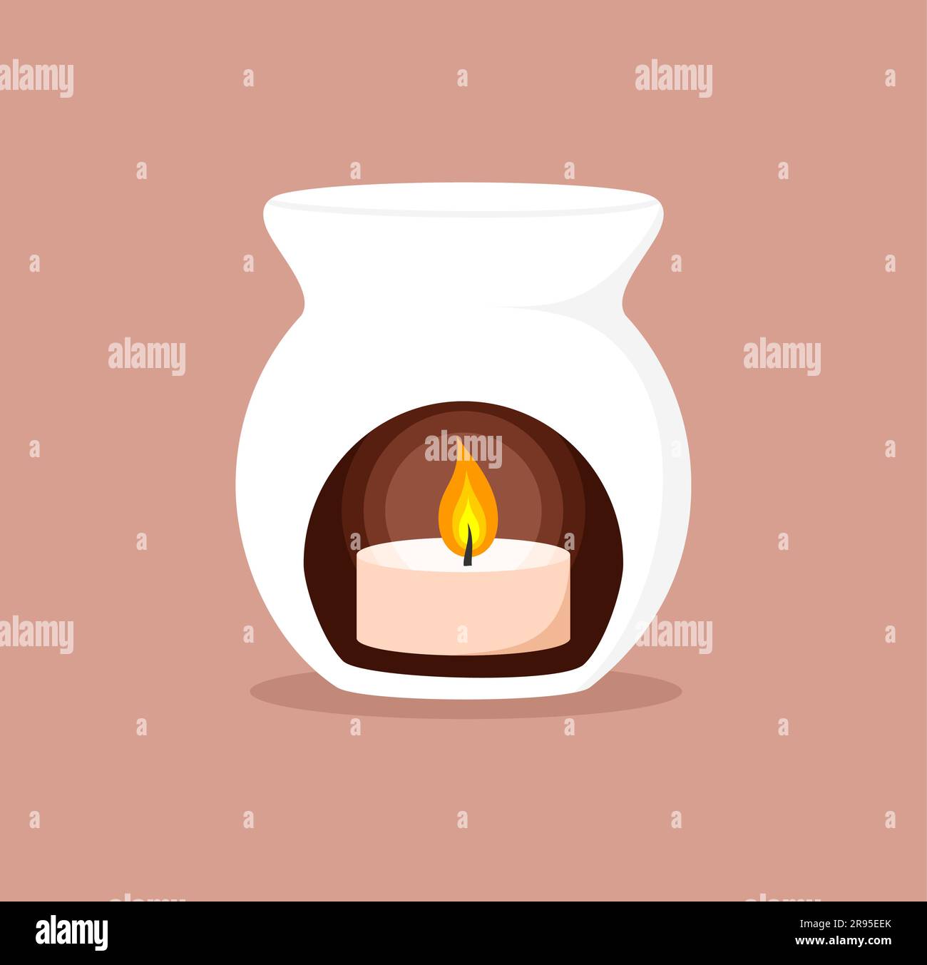White ceramic aroma lamp with a burning candle inside. Flat vector ...