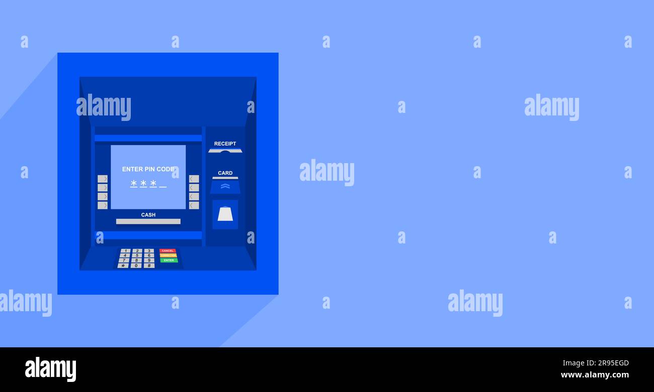 Blue ATM machine on blue background with copy space. Vector ...