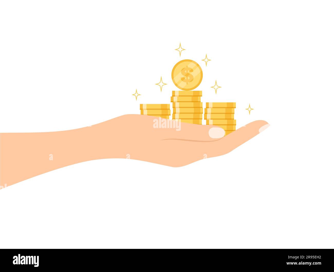 Hand holding heaps of golden shining coins isolated on white background ...