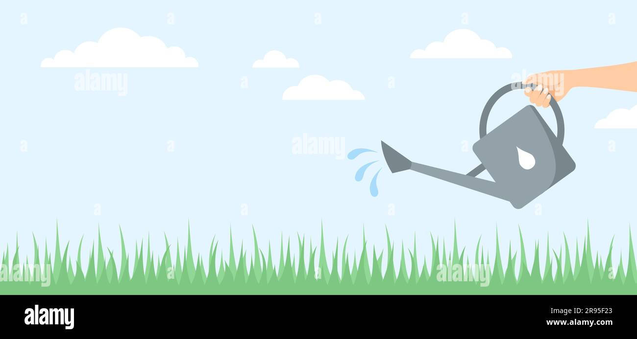 A hand watering the grass from a watering can on a blue background with ...