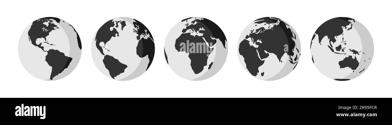 Earth icons set. Monochrome Earth globe from different sides. Flat ...