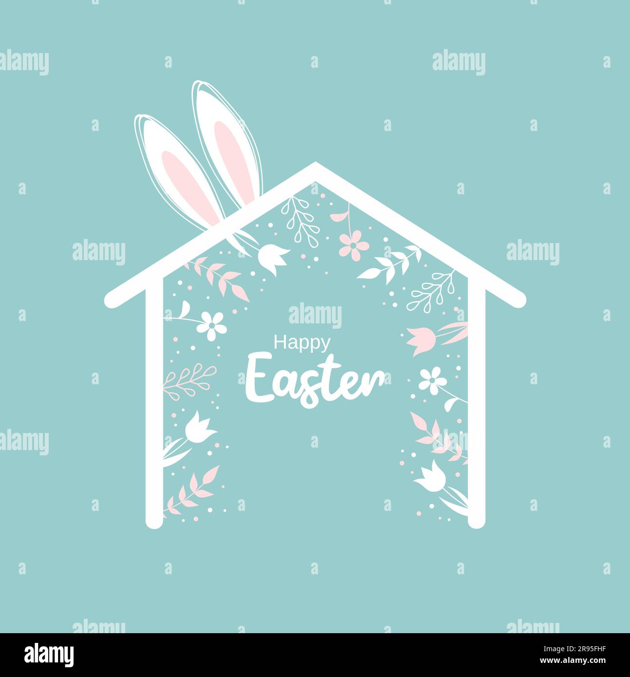 Easter greeting card. House with floral frame and typography inside and ...