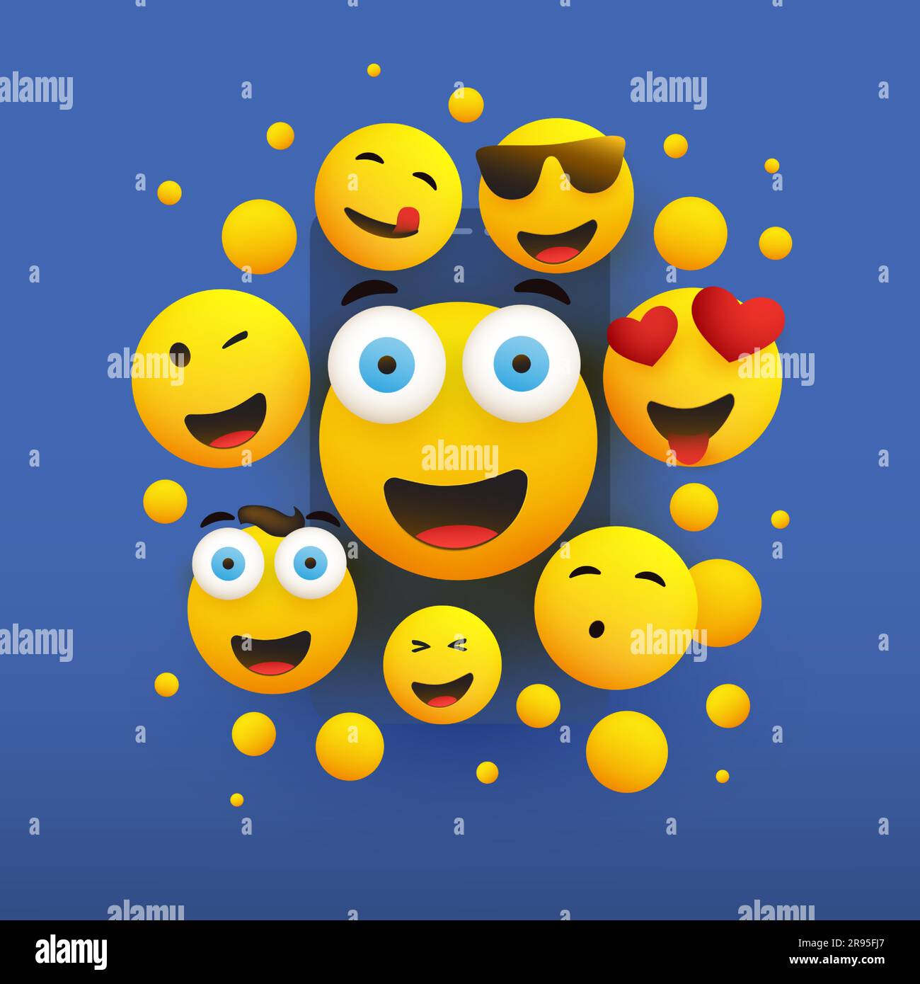 Various Smiling Happy Yellow Emoticons on Blue Background, Vector ...