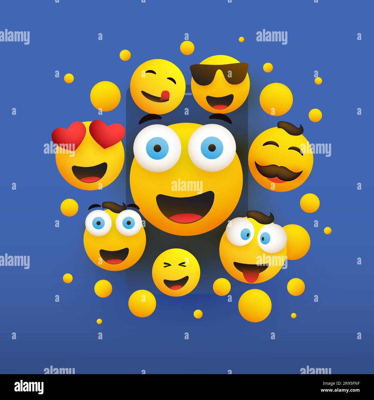 Various Smiling Happy Yellow Emoticons on Blue Background, Vector ...