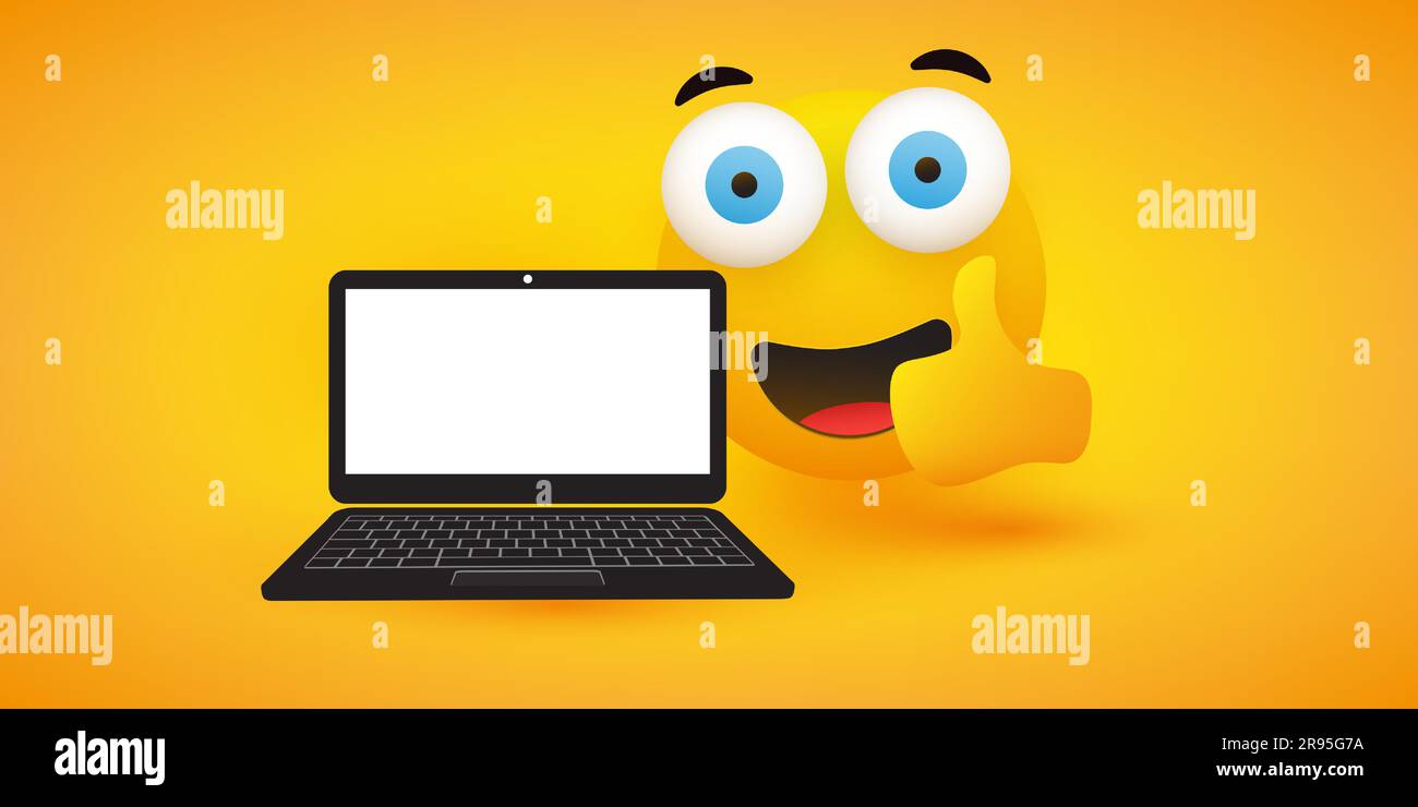 Happy Smiling Emoji, Emoticon with Pop Out Eyes and Laptop Computer ...