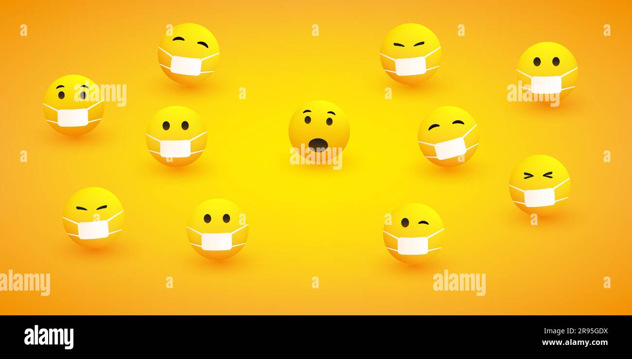 People All Around a Surprised Emoticon Wearing Face Masks to Protect ...