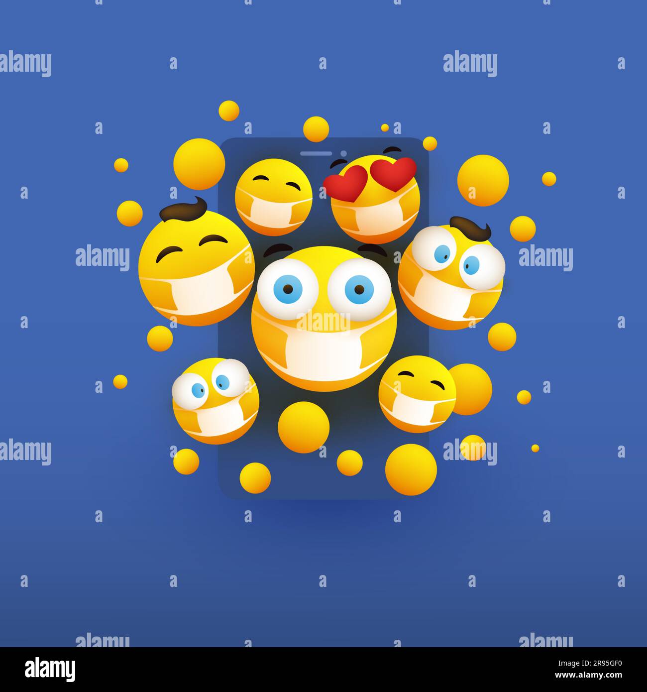 Various Yellow Emoticons Wearing Medical Masks in Front of a Smartphone ...