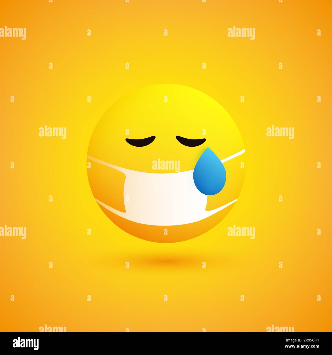 Sad, Concerned Crying Emoticon with Teardrop and Medical Mask on Yellow ...