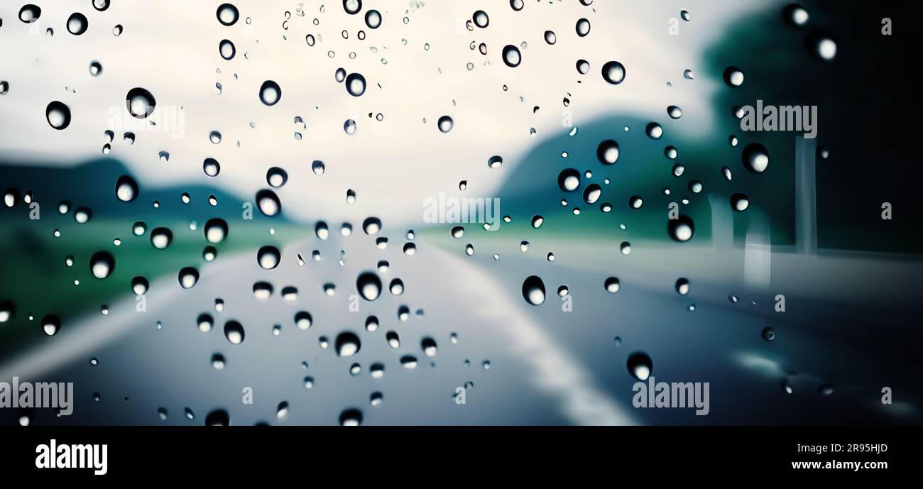 Rain shower on car windshield or car window and blurry road in ...