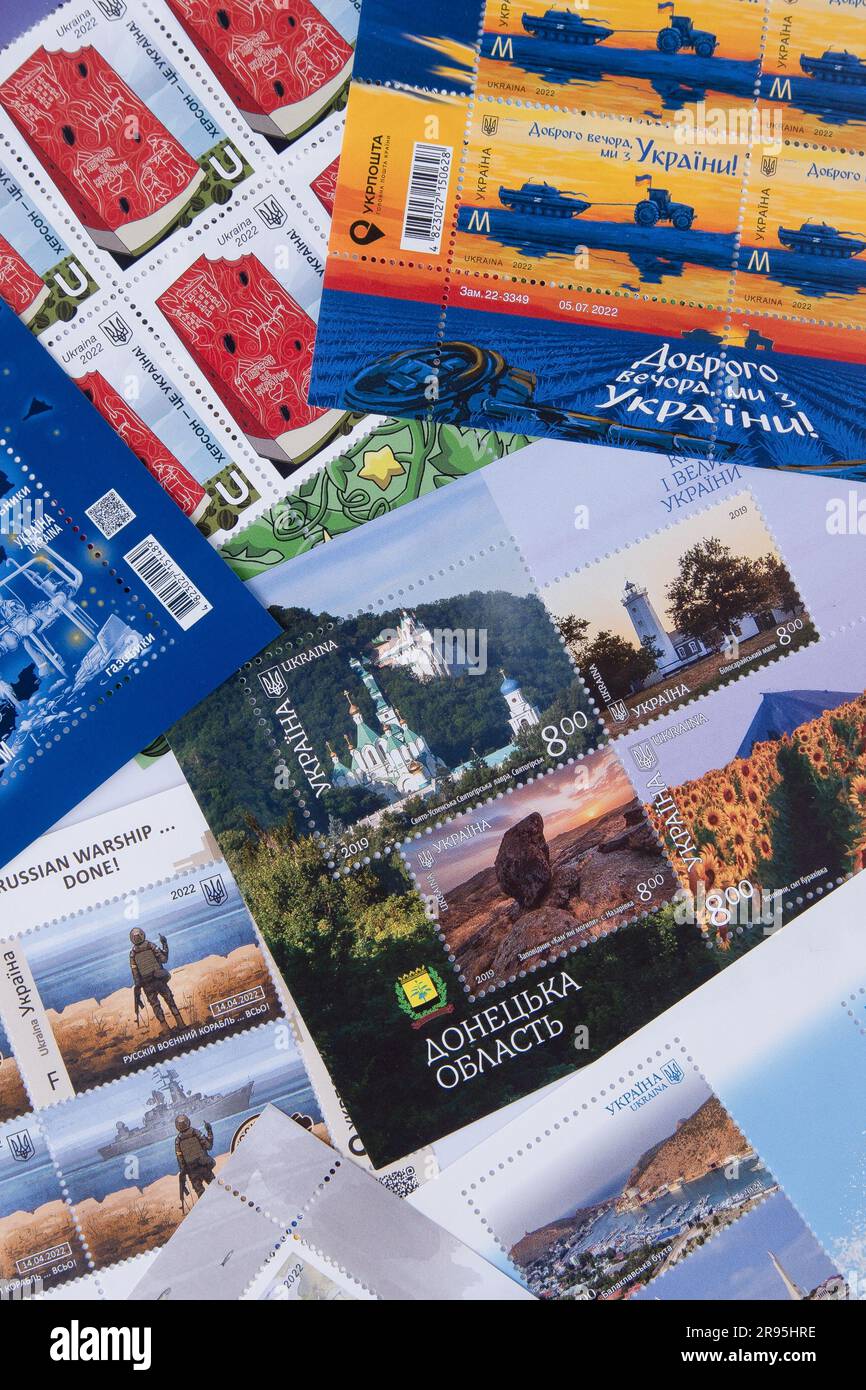 Ukrposhta. A set of different Ukrainian postage stamps and postcards ...