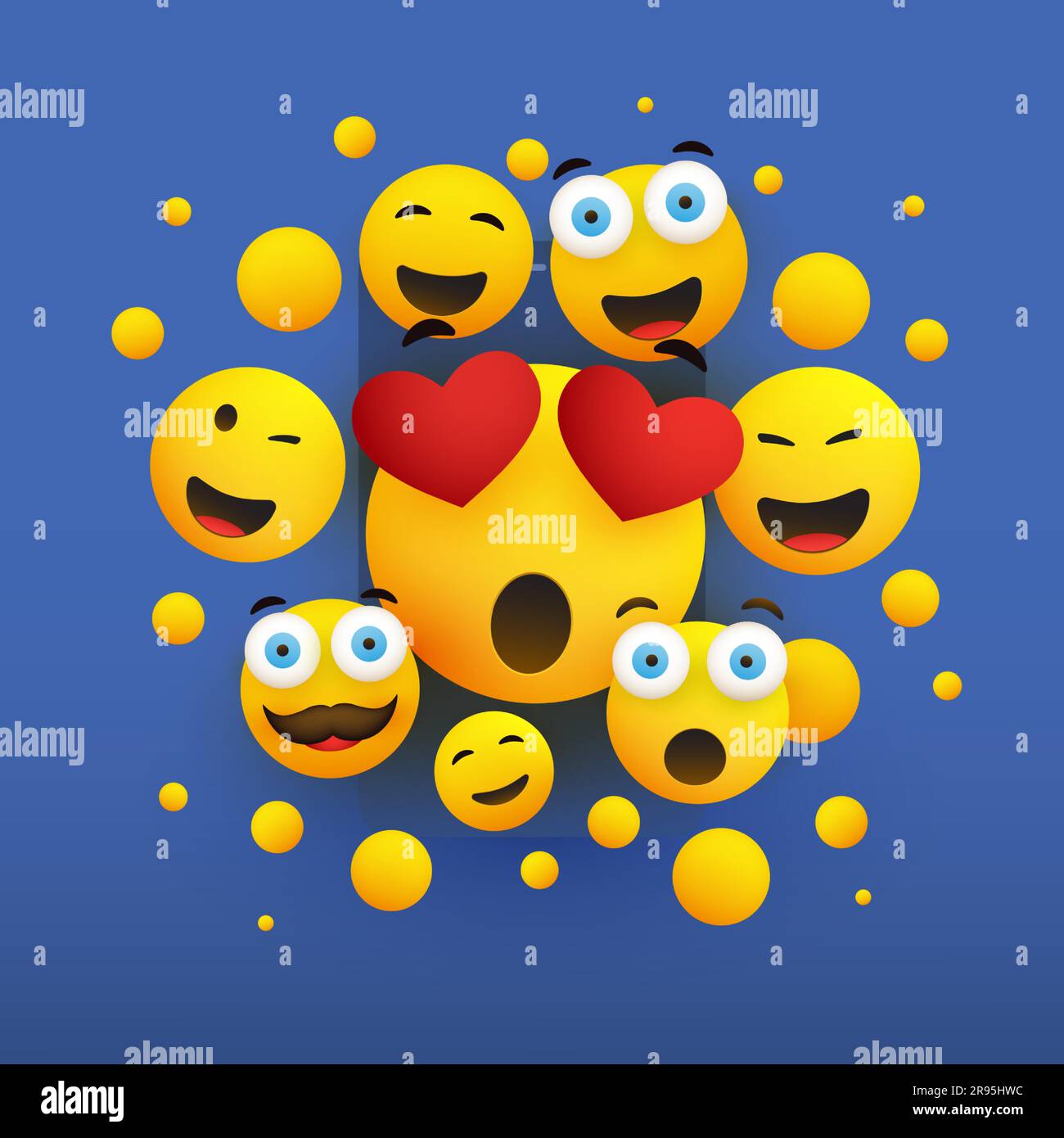 Various Smiling Happy Yellow Emoticons on Blue Background, Vector ...