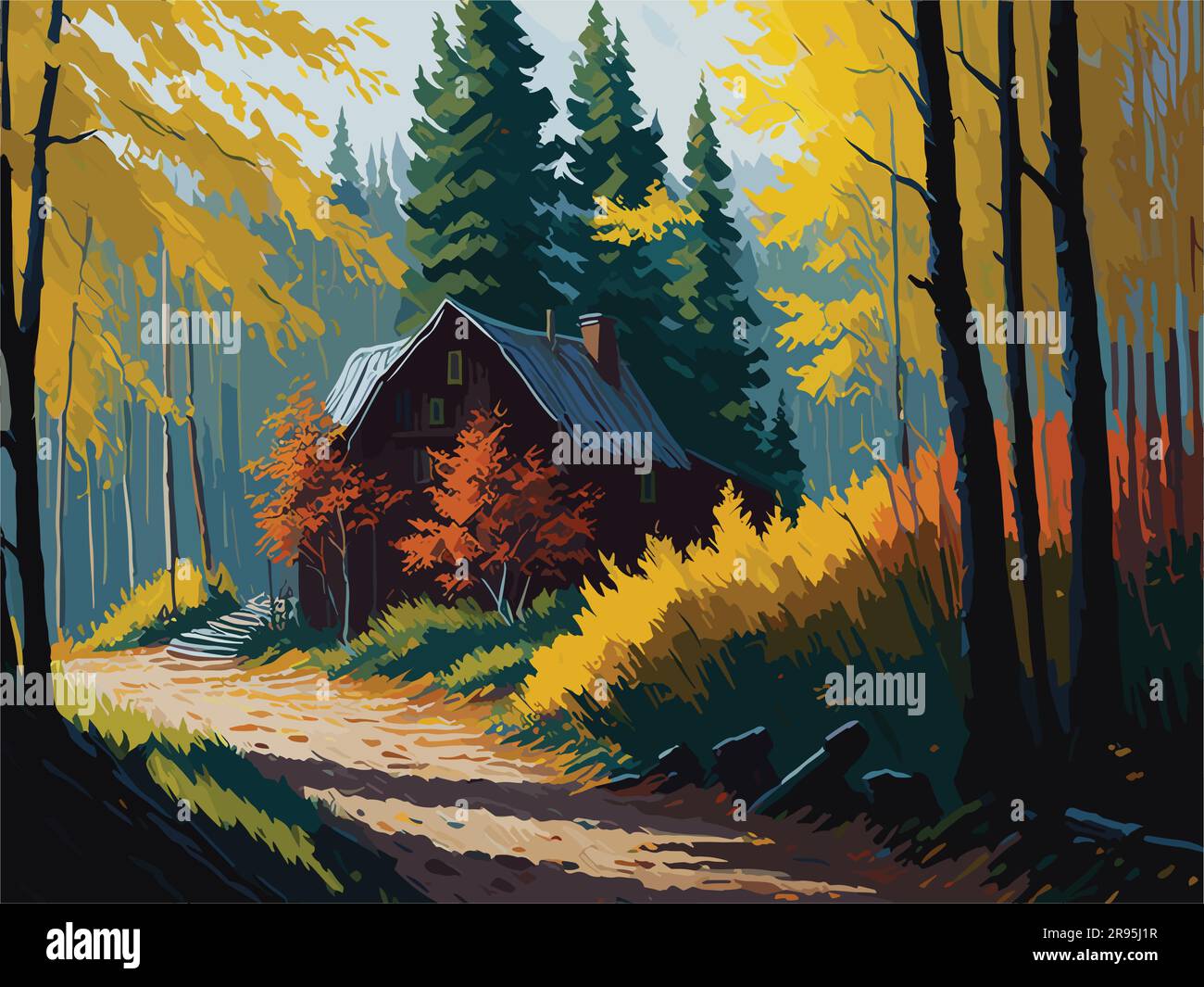 oil paint style vector art of vintage house in forest with road. nature ...