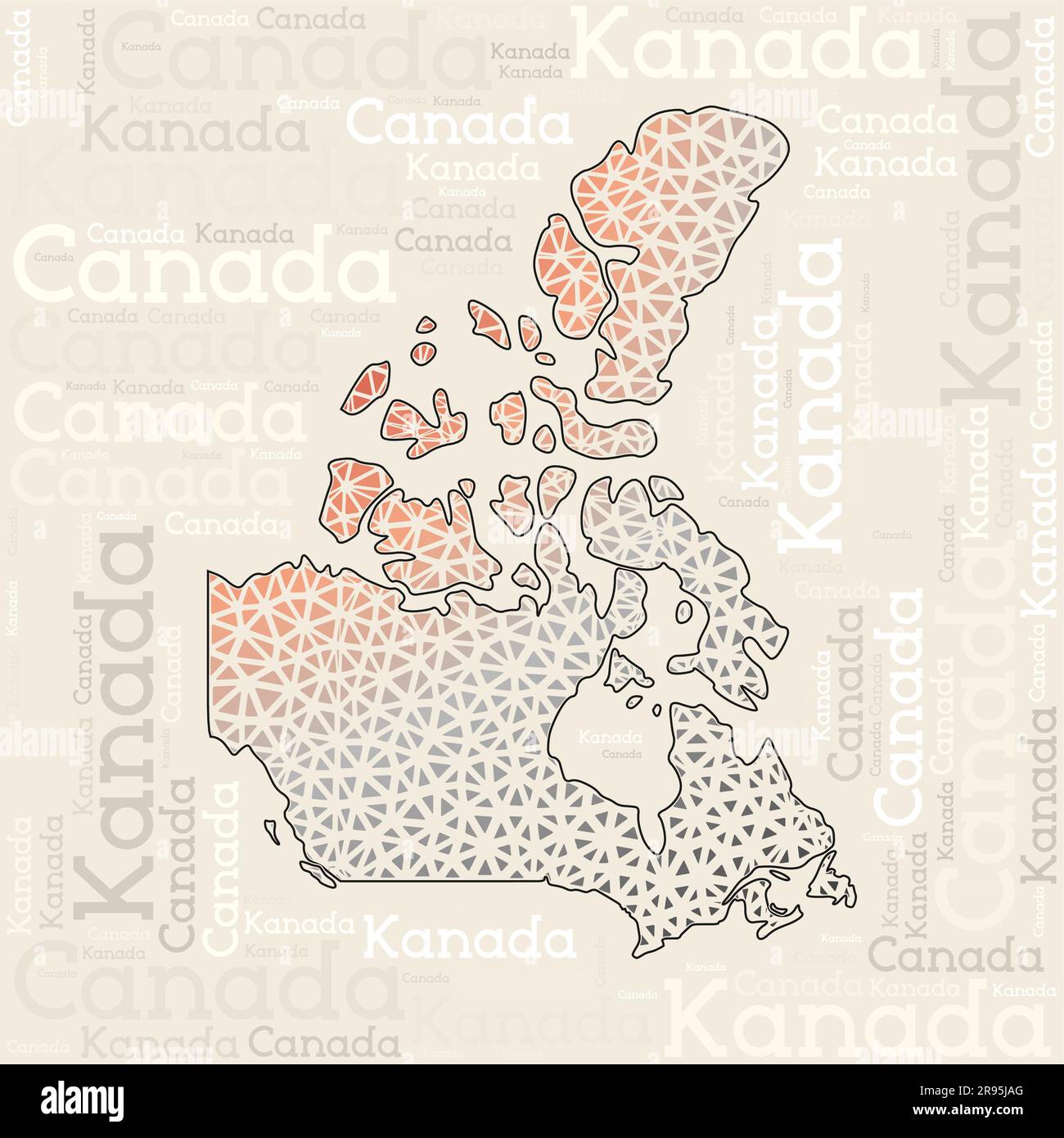 Canada map design. Country names in different languages and map shape with geometric low poly ...