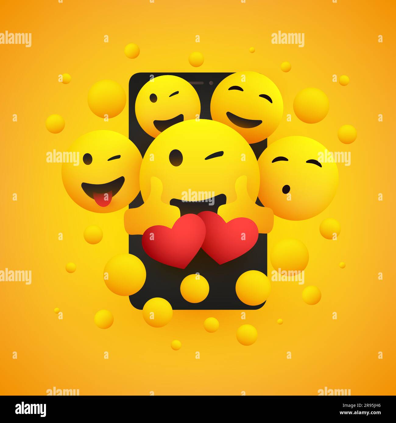 Various Smiling Happy Yellow Emoticons in Front of a Smartphone Screen ...