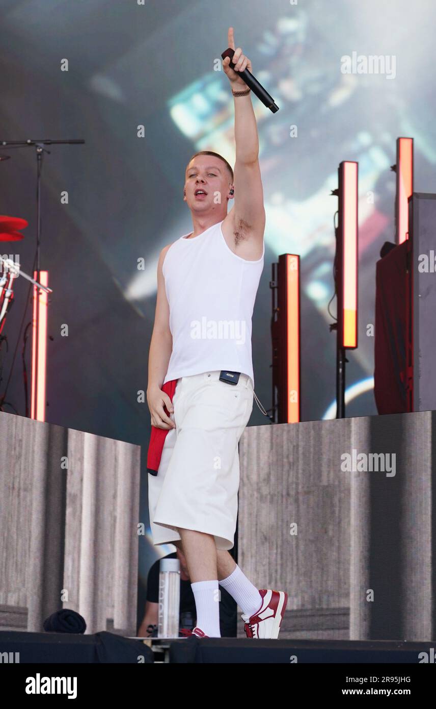 British rapper Aitch performing on the Pyramid Stage, at the ...
