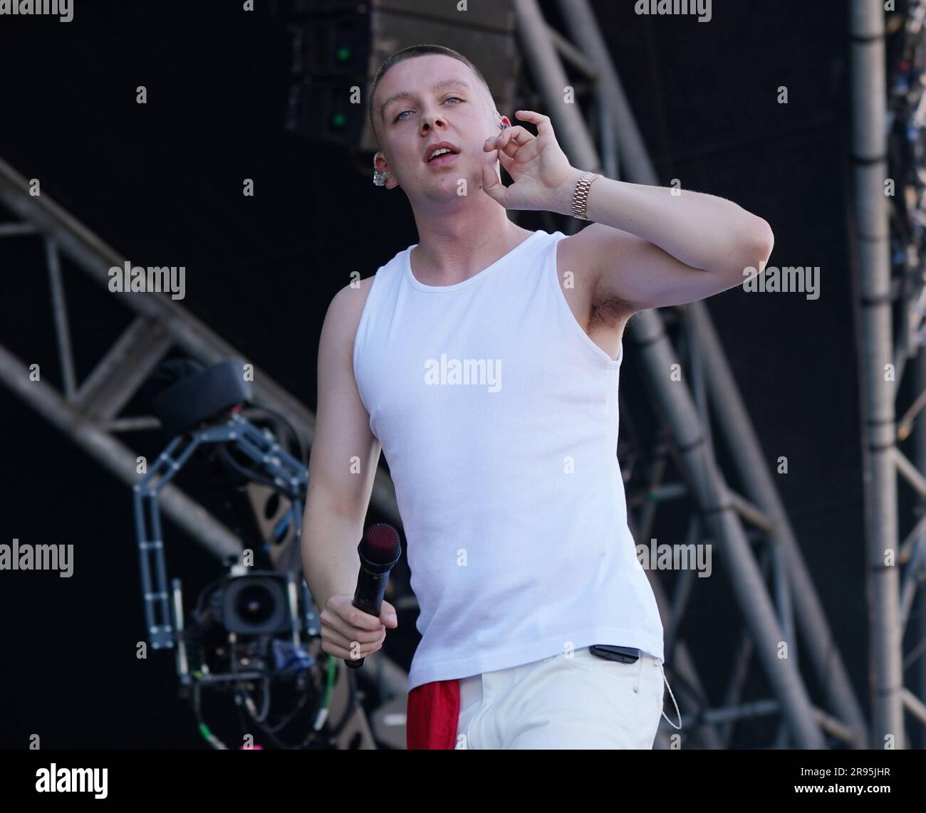 British rapper Aitch performing on the Pyramid Stage, at the ...