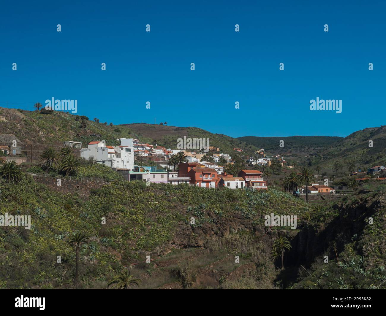 The colorful houses of Macayo village located above , La Gomera, Canary ...