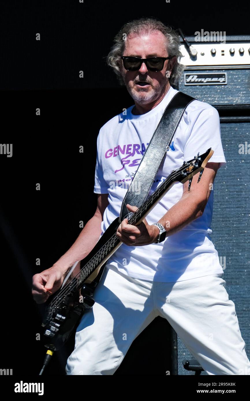 Glastonbury, UK. 24th June, 2023. Tony James photographed performing on ...