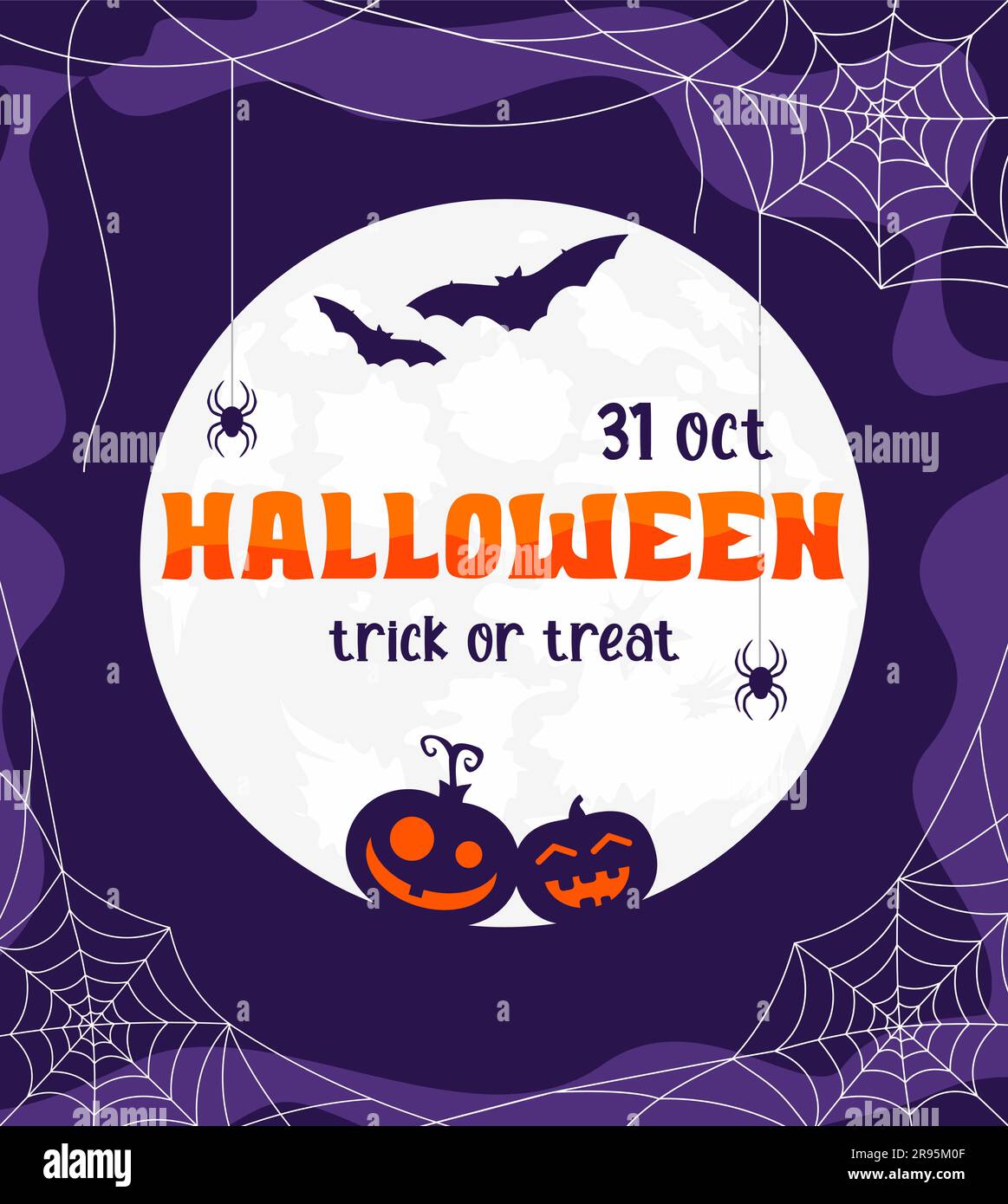 Pumpkins, bats and spiders on white cobweb with full moon on a purple ...