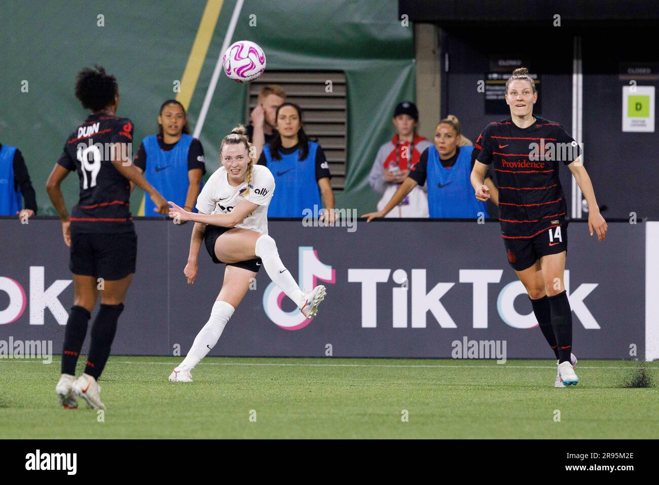 Portland, USA. 23rd June, 2023. Ashley Sanchez kicks the ball past ...