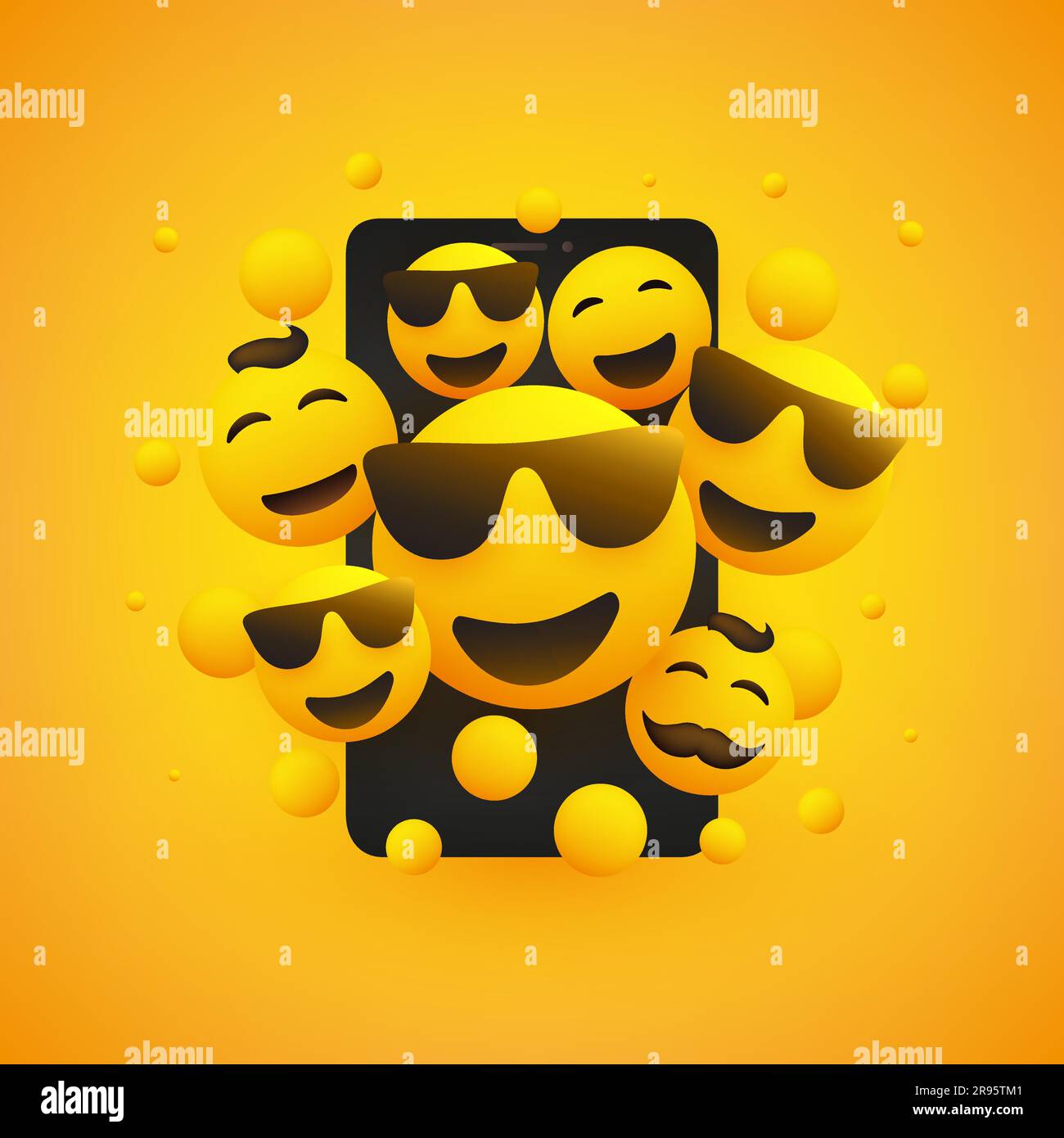 Various Smiling Happy Yellow Emoticons in Front of a Smartphone Screen ...