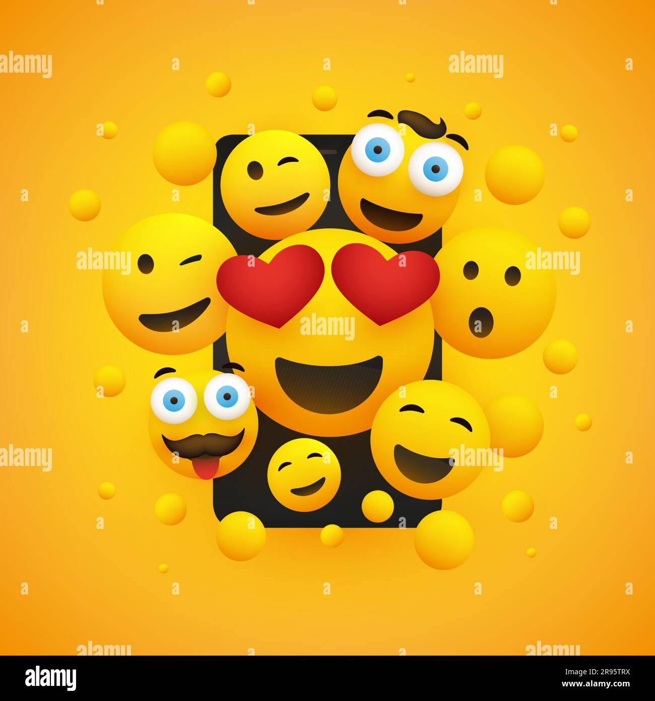 Various Smiling Happy Yellow Emoticons in Front of a Smartphone Screen ...