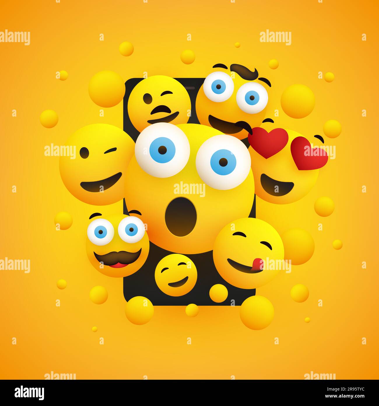 Various Smiling Happy Yellow Emoticons in Front of a Smartphone Screen ...